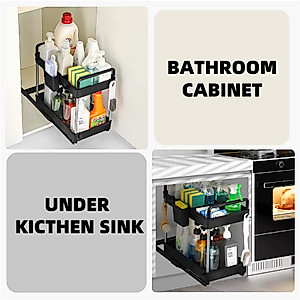 Under Sink Organizers and Storage, 2-Tier Pull out Cabinet Organizer, Under the Cabinet Organizer Slide Out Cleaning Supplies Organizer for Bathroom, Kitchen (Black, 2 Pack)