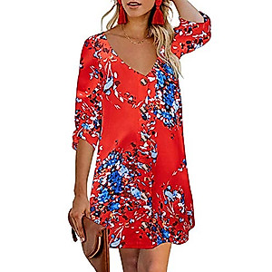AlvaQ Women Boho Floral Print Dress Summer V Neck Short Sleeve Button Down Loose Skater Mini Dresses Swing Sundress Plus Size Orange 1X