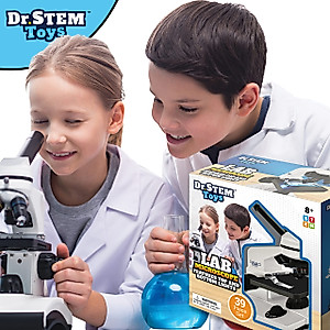Dr. STEM Toys 39 Piece Microscope Kit for Kids with Top and Bottom Lights, Specimen Slides, 40X, 100X, and 400X Adjustable Lenses - for Kids and Schools (Ages 8+), White