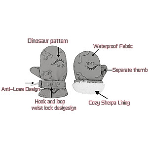 Slivery Color Toddler Mittens Kids Winter Warm Gloves Lined Fleece Gloves Waterproof Snow Baby Mitten for Boys Grey Dinosaur 2-4T