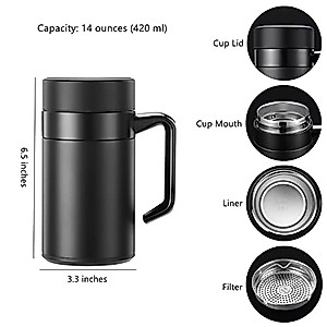 14 oz Coffee Mug, Vacuum Insulated Office Thermos Cup, Stainless Steel Camping Coffee Cup with Handle and Lid, Travel Tumbler Cup for Hot & Cold Drinks