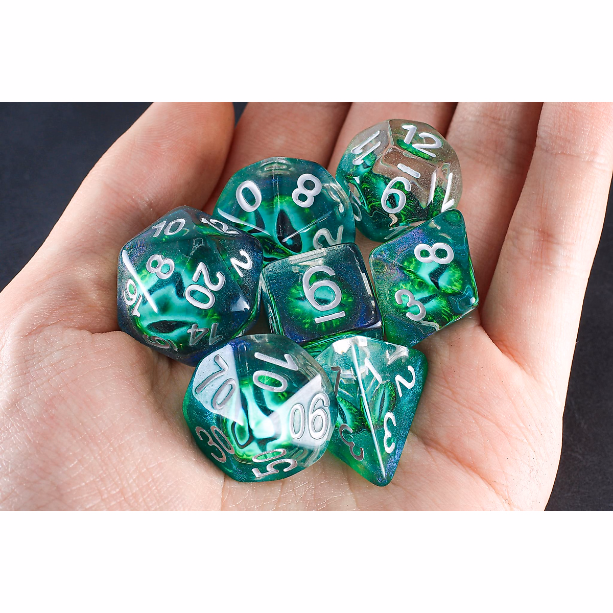 Sea Green Dragon Eye DND Dice Set for Dungeons and Dragons Gifts, D&D, D and D, Pathfinder, Accessories, D20, Polyhedral, Resin Dice, Metal, Dice Tray, Tower, Bag, Box