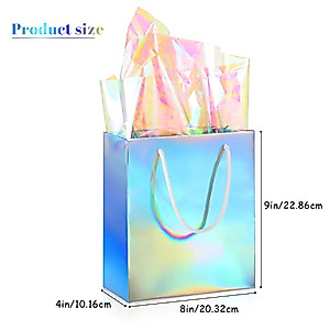 12 Pcs Holographic Silver Gift Bags Iridescent Party Bags with Handles and 20 Pcs Rainbow Glossy Clear Film Cellophane Sheets Reflective Wrapping Paper for Party Supplies