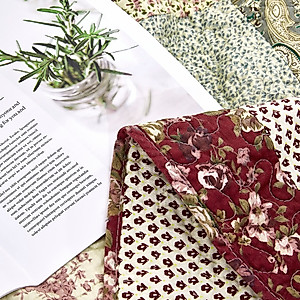 Tache Cotton Patchwork Quilt Blanket Country Farm Cottage Vintage Antique Ditsy Floral Paisley Burgundy Beige Lightweight Coverlet Fairy Tale Tea Party Quilted Throw Blanket, 50x60