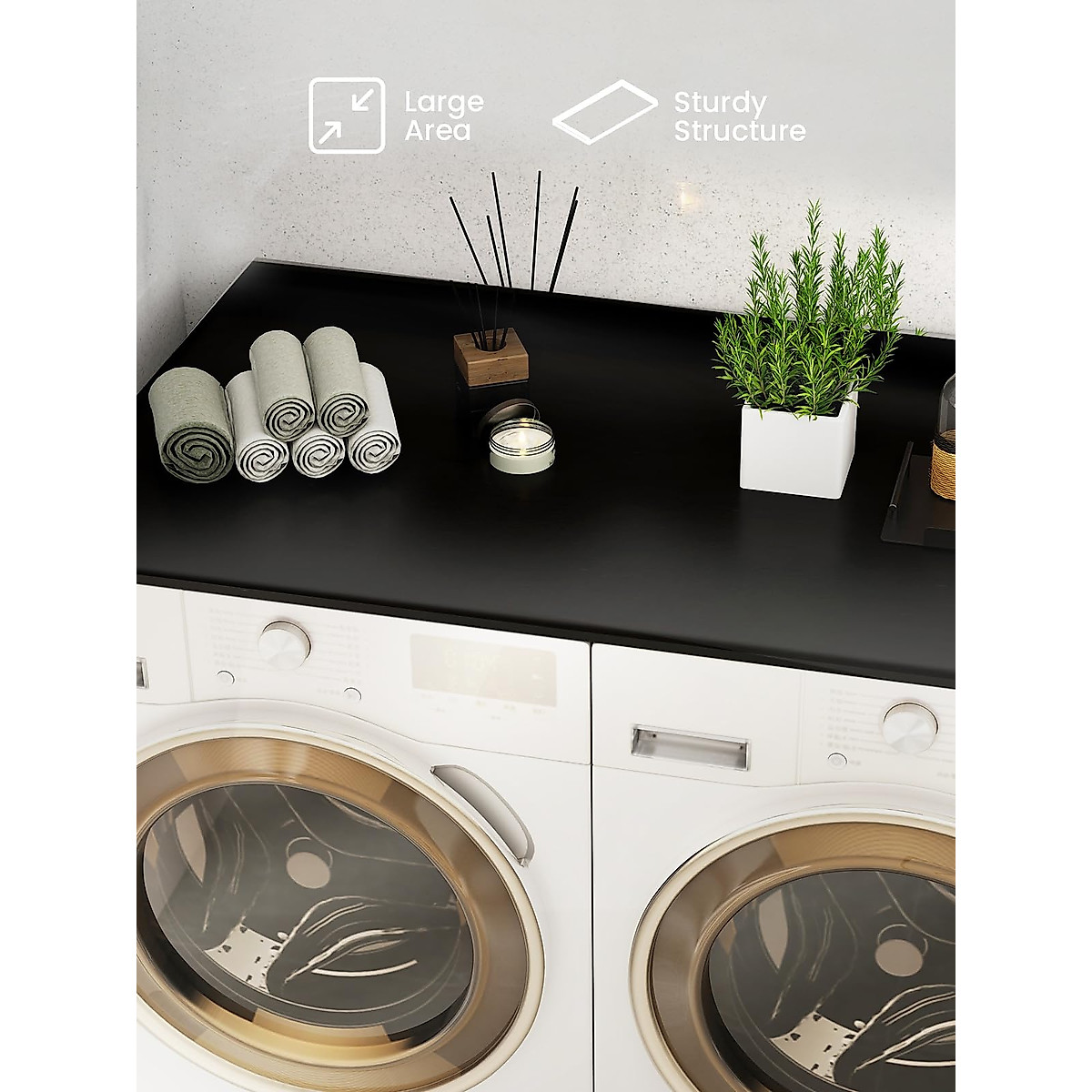 Toemics Washer Dryer Countertop, 27.5" x 54" Laundry Room Organization Shelf with Edge Rails for Washer and Dryer, Durable Melamine Finish, Non-Slip Pads, and 3 Laundry Bags, Black