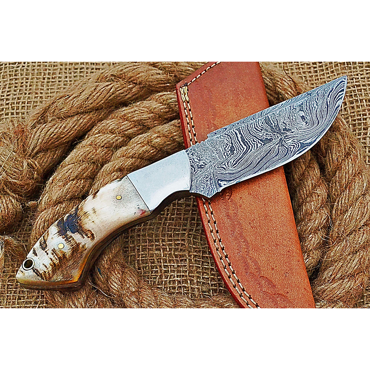 HUNTEX Handmade Hand-Forged Twist Pattern Damascus Steel 9 Inch Long Full Tang Natural Ram Horn Handle Razor Sharp Hunting Camping Boot Knife w/Genuine Leather Pouch