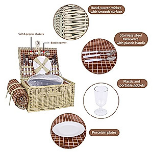 Willow Picnic Basket Set for 4 Person Wicker Hamper Sets with Picnic Blankets, Picnic Cutlery Service Kit, Insulated Cooler Compartment, Best Gifts for Couples, Family, Camping,Outdoor Party - Brown
