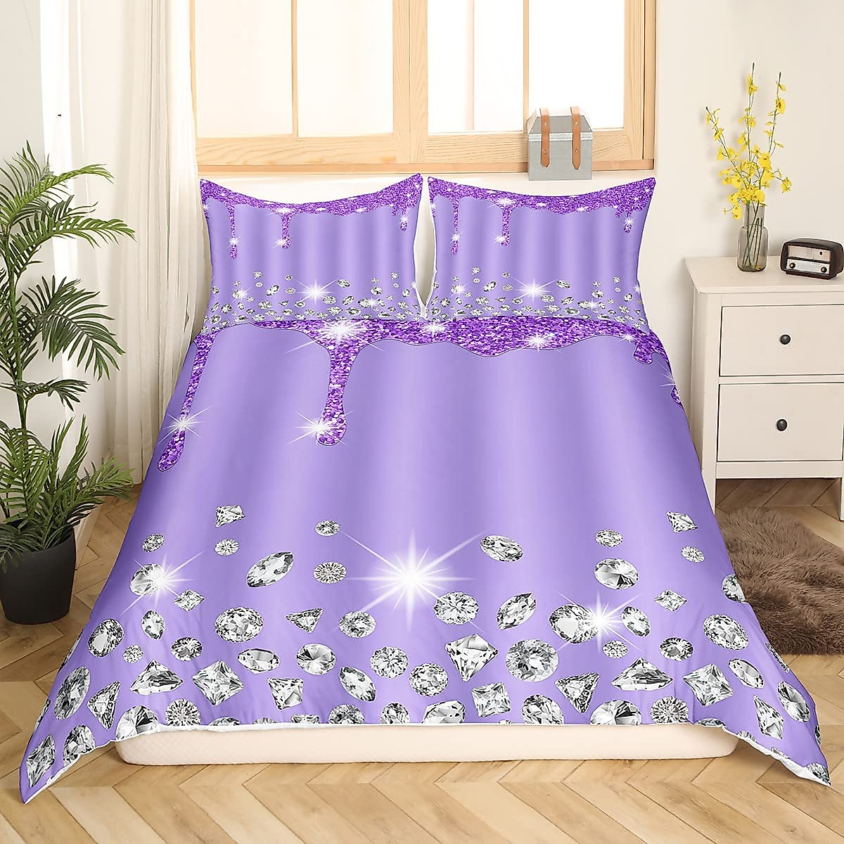 Silver Glitter Print (No Glitter) Bedding Set Bling Party Decorations Purple Comforter Cover for Girls Diamond Jewelry Duvet Cover Bedspread Cover Quilt Cover Full