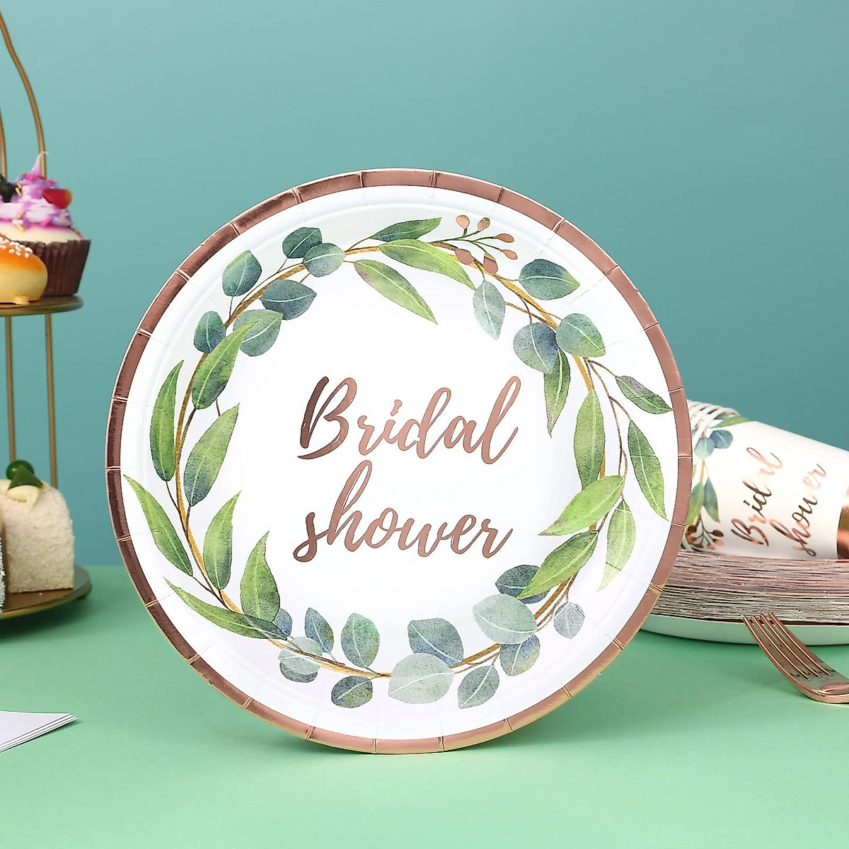 168Pcs Green and Rose Gold Party Decoration, Bridal Shower Plates and Napkins Sets, Bridal Shower Plates Party Supplies, Rose Gold Plates for Wedding Festivities, Serves 24