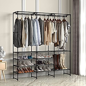 Kertnic 4-Tier Shoe, Boots Rack Storage Organizer for Entryway, Free Standing Black Versatile Shoe Shelf Stand with Coat Hanging Garment Rack for Bedroom (upgrade)