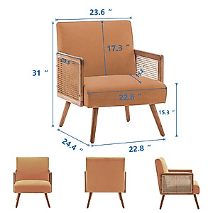 SHINEBOOM Accent Chair with Rattan Arms, Upholstered Mid Century Modern Chair for Bedroom Living Room Reading Chairs Rattan Armchair, Linen Comfy Lounge Chairs Side Chair, Orange
