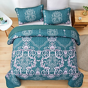 Dobuyly Teal Quilt Set Queen Size, 3 Pieces Boho Damask Green Bedspread Coverlet Set with 2 Pillowcases, Soft Lightweight Microfiber Luxury Quilt Bedding Set for All Season 96"x90"