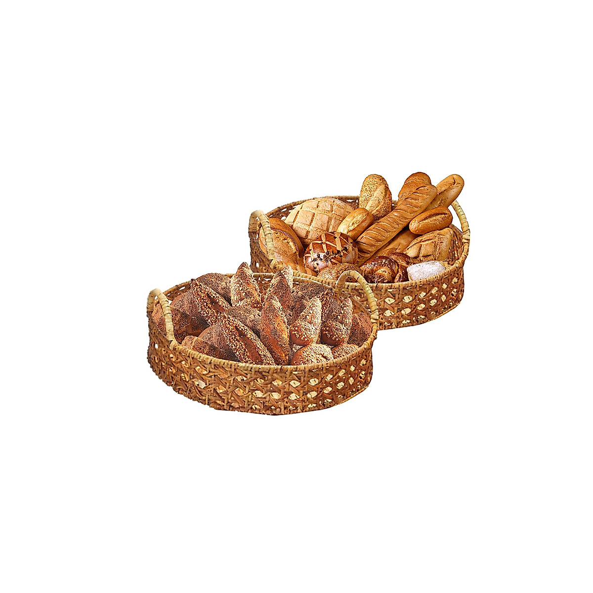 First of a Kind Rattan Tray with Handles - Natural Wicker Round Decorative Tray - Serving Trays for Fruit, Bread, Coffee Table & Home Decor - Hand Woven Rattan Basket (Set of 2-20 Inch)