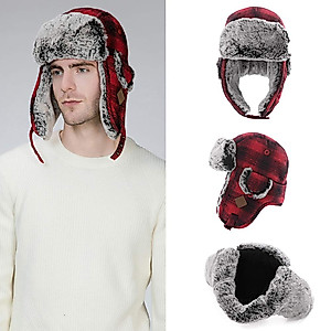 Jeff & Aimy Winter Red Buffalo Plaid Trapper Hat for Men Women Lumberjack Faux Fur Hunting Ear Flap Windproof Ushanka Russian Snow Ski 55-58CM