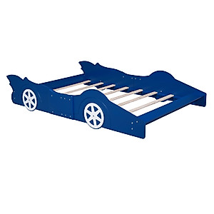 SOFTSEA Full Size Car-Shaped Platform Bed, Solid Wood Platform Bed with Wheels for Kids Boys Girls, No Box Spring Needed, Without Headboard, Blue