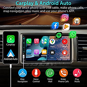 Double Din Car Stereo with HD IPS Screen, Carplay, Android Auto, Bluetooth, Mirror Link, AHD Backup Camera, Steering Wheel Controls, Subwoofer, AM/FM, 7" Car Radio Receiver