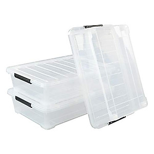 Hommp 3-Pack Plastic Under Bed Storage Box Container, 40 Quart Clear Stackable Storage Box Wheeled Latching Box