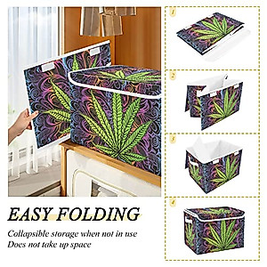 Oyihfvs Green Cannabis Leaf, Marijuana Leaves, Herb, Weed on Colorful Foldable Cube Storage Basket Collapsible Fabric with Lidded Sturdy Handles Organizer Box for Home Bedroom 16.5 x 12.6 x 11.8 in