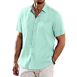 COOFANDY Men's Short Sleeve Linen Shirts Casual Button Down Shirt Summer Beach Tops Green