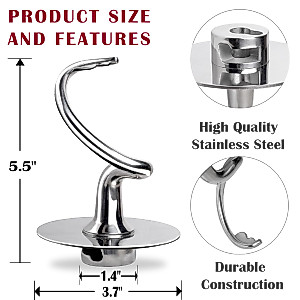 EGNic Stainless Steel Dough Hook Attachment for Kitchenaid 4.5-5 Quart Tilt-Head Stand Mixer, Spiral Dough Hook Replacement for Kitchenaid Mixers Accessories