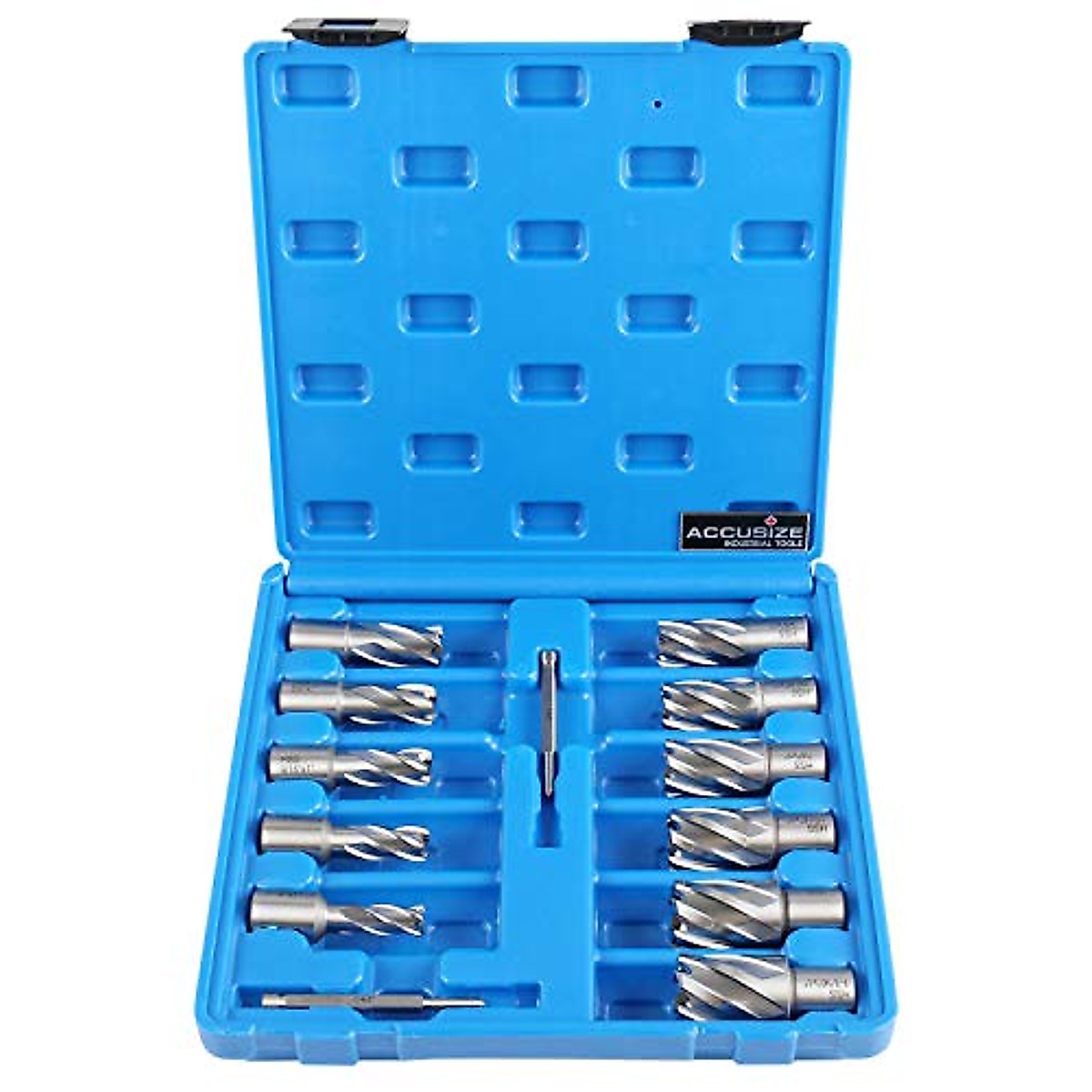 Accusize Industrial Tools 13 Pc 7/16'' to 1-1/16'' Hss Annular Cutters, 1'' Cutting Depth, 3/4'' Weldon Shank, with 2 Pilot Pins, Strong Box, N10