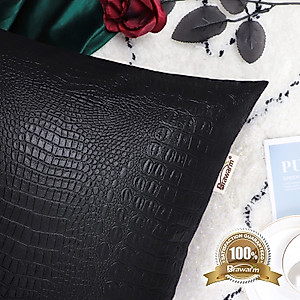 BRAWARM Faux Leather Pillow Covers 22 X 22 Inches, Black Leather Pillow Covers Pack of 2, Crocodile Leather Decorative Throw Pillows for Living Room Couch Bed Sofa Home