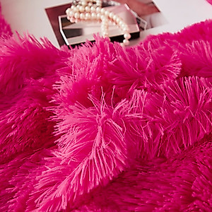 Uhamho Faux Fur Velvet Fluffy Bedding Duvet Cover Set Down Comforter Quilt Cover with Pillow Shams, Ultra Soft Warm (Queen, Hot Pink)