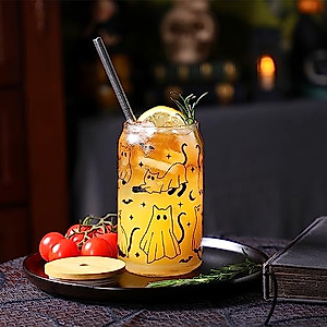 Nefelibata Halloween Ghost Cat Iced Coffee Cup 16 OZ Beer Can Glass Glass with Lid Metal Straw and Brush, Reusable Drinking Jar for Coffee Tea Soda Juice Fall Halloween Christmas Gift Ideas Set of 1