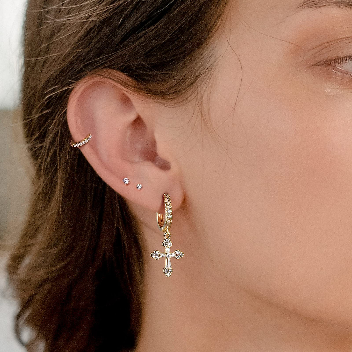 KissYan Gold Huggie Hoop Earrings for Women, 14K Gold Plated Dainty Hypoallergenic Cross Dangle Drop Earring, 925 Sterling Silver Post Cubic Zirconia Handmade Jewelry