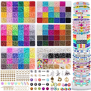 TINY FUN 6 Boxes 16800pcs 72 Colors Clay Beads and 48 Colors Glass Seed Beads for Friendship Bracelets Making Kit Heishi Beads with Letters Beads
