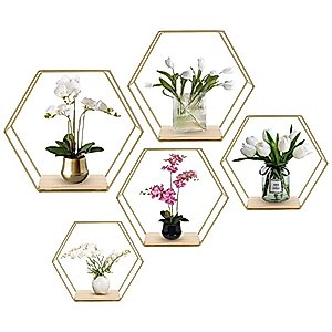 Wall Mounted Hexagonal Floating Shelves Set of 5 in Different Sizes, Modern Metal Wall Shelf, Simple Wood Partition Storage Shelves, Gold Wall Decor Rack for Bedroom, Living Room, Kitchen and Office