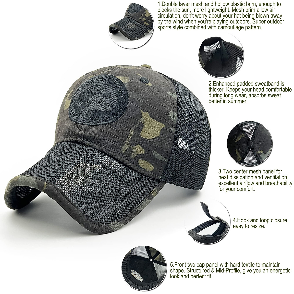 Loneshark Mesh Bill Mens Breathable Tactical Camo Baseball Caps Womens Military Army Patriotic Operator Camouflage Hats American-Eagle-Black-Camo