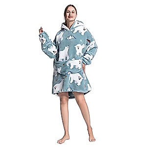 Moinlizy Adult Wearable Blanket Hoodie for Women and Men,Oversized Sherpa Sweatshirt Flannel Hooded Blanket Giant Pocket,Polar Bear