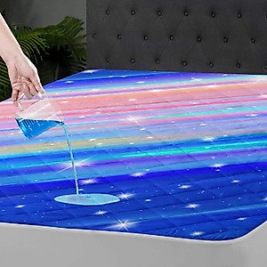 Blue Rainbow Glitter Twin Size Fitted Mattress Pad,Waterproof Fitted Sheet Set，Bedding Quilted Noiseless Mattress Protector Stretches up to 15 Inches Deep,Breathable Bed Mattress Cover 39x75 Inches