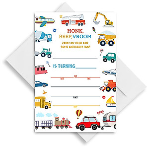 LoaHak Transportation Birthday Invitations Greeting Card, 20 Invitations and Envelopes, 4x6 inches, Minimalist Modern Style