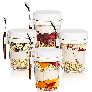 4 Pack Overnight Oats Containers with Lids and Spoons, 16oz Glass Mason Meal Prep Container Microwave Safe,Airtight Glass Jars,Oats Overnight,Yogurt Parfait Fruit Cereal With Measurement Marks