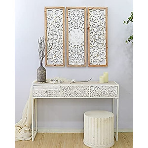 CASOLLY Carved Wood Wall Decor,Floral-Patterned Wooden Panels (Set of 3),Decorative Carved Wall Sculpture,39"x36"x1",for Living Room Bedroom Entrance Hall