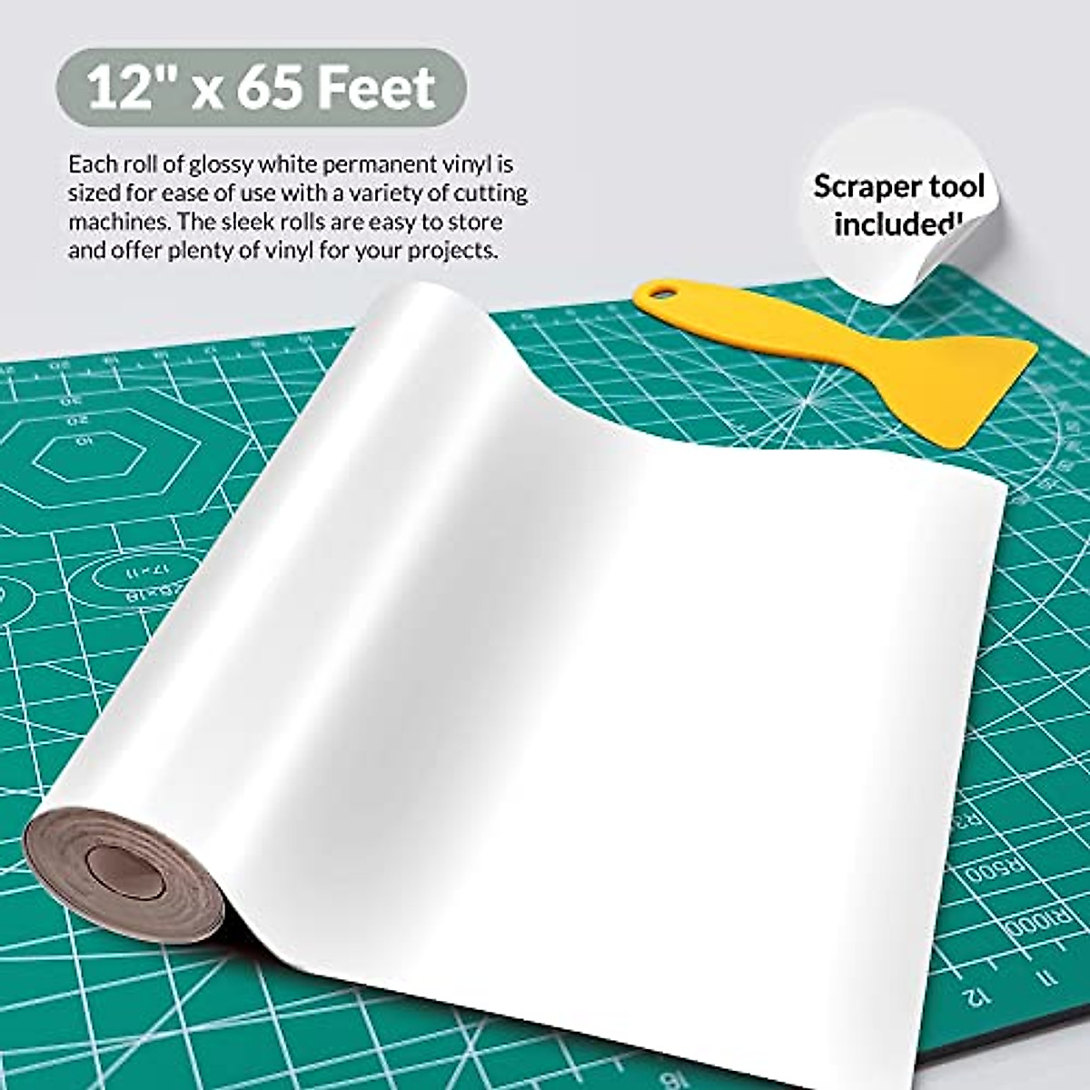 Reli. White Permanent Vinyl | 12" x 65 FT Roll (Glossy) | Scraper Tool Included | Adhesive Vinyl Compatible w/Cricut & Silhouette Cutting Machines | Vinyl Roll for Signs, Tumblers, Mugs, Cars & More