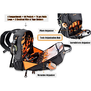 WELKINLAND 66-Pockets Backpack Tool Bag, Heavy-Duty Tool Backpack, Electrician backpack, Jobsite backpack, Tool back pack for men, Tool backpack for electricians, Tool backpack for construction