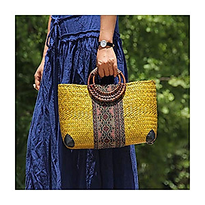 QTKJ Women Summer Retro Straw Bag with Printing Hand-woven Beach Handbag Top Round Handle Boho Tote Bag Shopping and Travel Large Bag (Yellow)