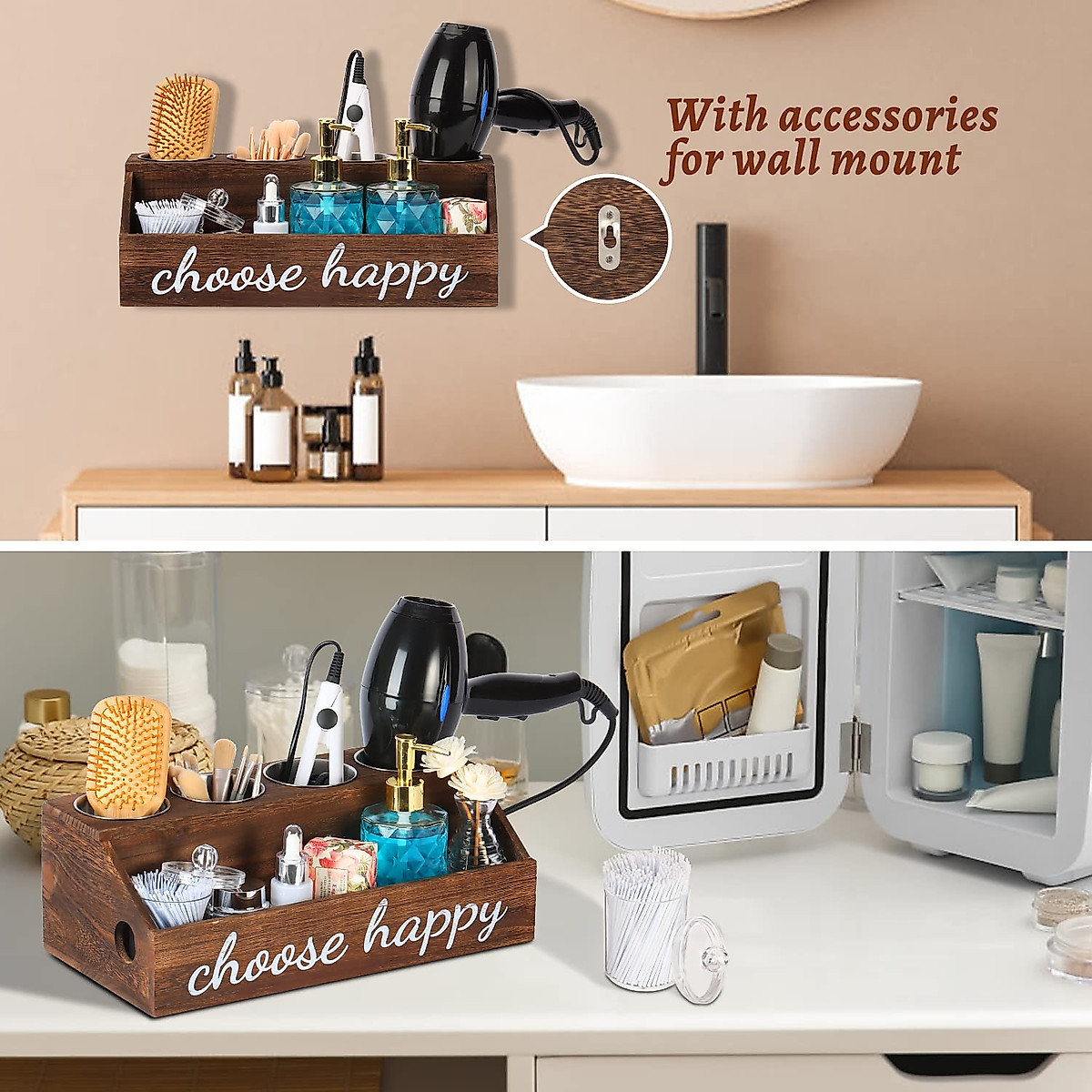 Hair Tool Organizer - Brown Hair Dryer Holder Rustic Wood Blow Dryer Holder Hot Hair Tools Curling Iron Straightener Holder Wall Mounted & Countertop Bathroom Organizer Vanity Cabinet Storage Stand