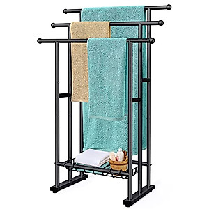 Kayfia 40" H Free Standing Towel Rack, 3 Tier Alloy Steel Towel Rack Stand with Basket, Blanket Drying and Display Rack for Oversized Bath Towels Bathroom Accessories, Next to Tub or Shower (Black)