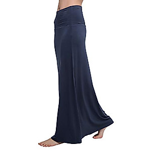 Urban CoCo Women's Stylish Spandex Comfy Fold-Over Flare Long Maxi Skirt (M, Navy Blue)