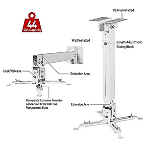 NIKISHAP Universal Projector Mount - Adjustable Height Wall/Ceiling Mount for Most Standard and Mini Projectors - Sleek White