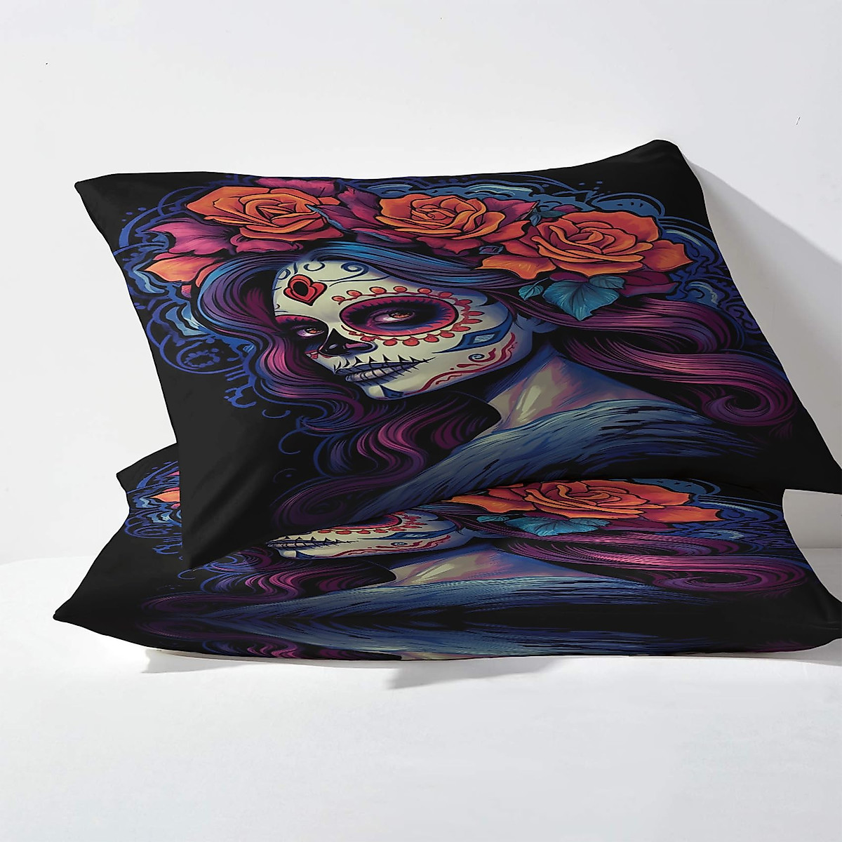 Day of The Dead Sheets Full Size, Skeleton Bed Sheets, Patterned Bedding Sheets & Pillowcases 4 Piece Set - Soft Microfiber Deep Pocket Fitted Sheet & Flat Sheet & 2 Pillow Cases Z2-&-220
