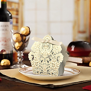 Maykah 50 Packs Candy Boxes for Wedding Favor, Flower Gift Box Candy Box with Ribbons for Bridal Shower Wedding Party Anniversary Favors, Off White