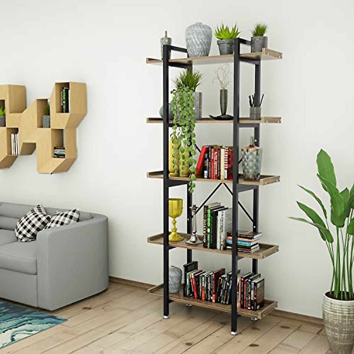 SEISSO 5 Tier Bookcase, Open Bookshelf Metal Shelving Unit Etagere Bookcase Solid Tube Wood Shelves Rustic Bookshelf Modern Style Bookcase Furniture for Home Office Living Room 37" x 31.5" x 11.8"