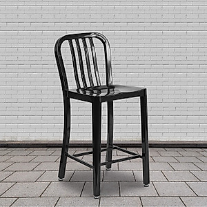 Flash Furniture Gael Commercial Grade 2 Pack 24" High Black Metal Indoor-Outdoor Counter Height Stool with Vertical Slat Back