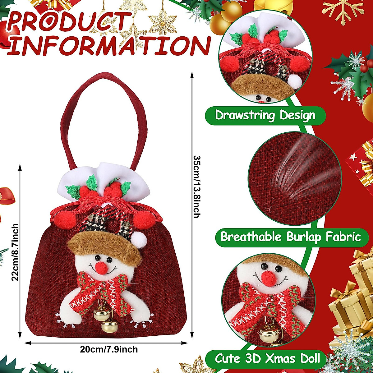 Shinylin 10 Pcs Christmas Gift Doll Bags with Drawstring Cute Christmas Doll Gift Bags Reusable Fabric Santa Snowman Deer Christmas Eve Apple Storage Bags for Xmas Festival Birthday Party Favor