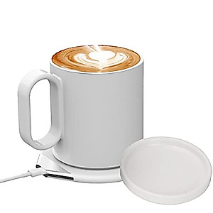 Coffee Warmer, Desk Self Heated Cup & Lid Set with Wireless Charging, Smart Recognition, for Keep Tea Coffee Milk Hot, Auto Shut Off, Waterproof Panel, for Office Home Desk(White)